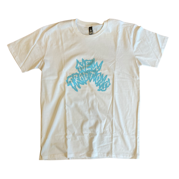 New Trad Tattoo "Grime Lettering" Tee - White/Blue – New Traditions Tattoo